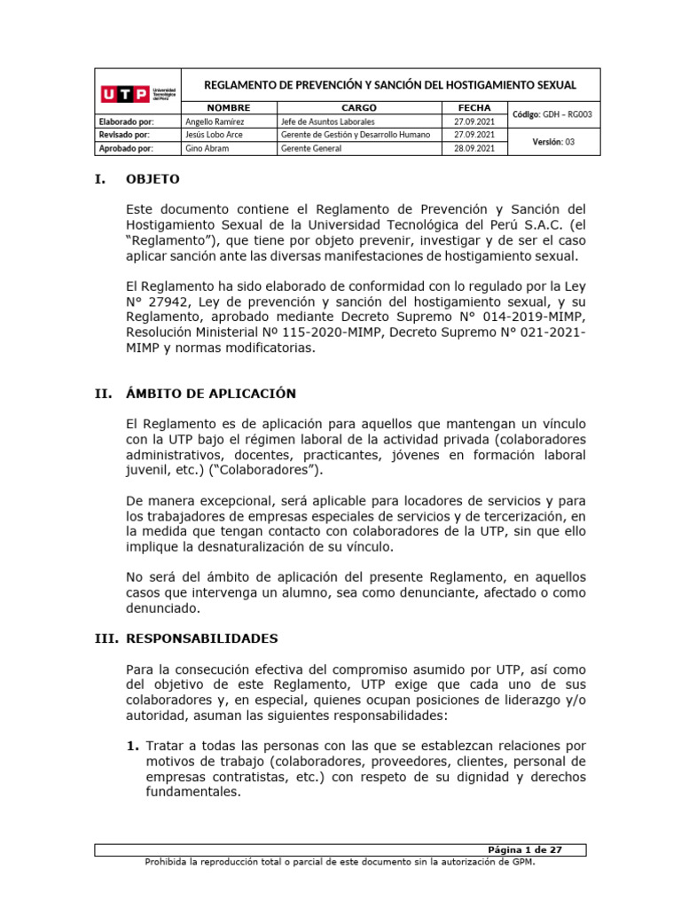 GDH - RG003 Reglamento de Prevencion y Sancion Del Hostigamiento Sexual | PDF | Acoso | Outsourcing