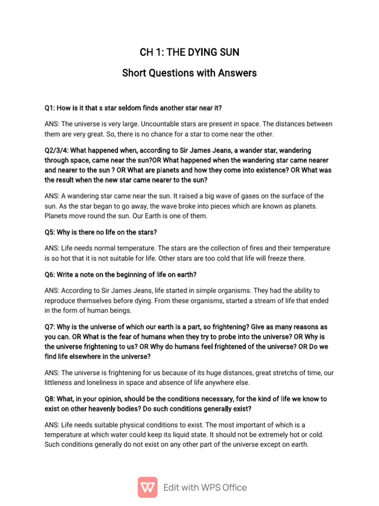 CH 1_ THE DYING Sun question answer-WPS Office | PDF