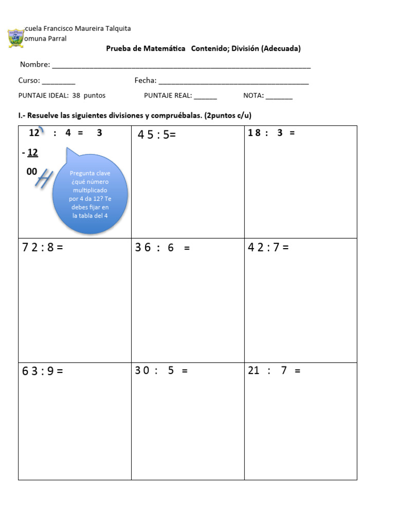 Prueba de Divisiones 4º Adecuadadocx | PDF