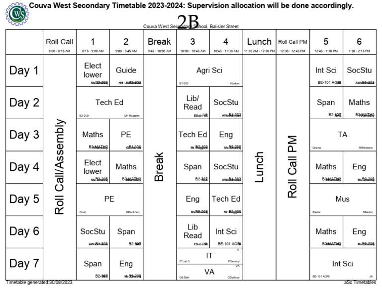 Couva West Secondary Timetable 2023-2024 | PDF