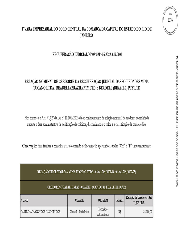 Relacao Nominal de Credores Aj - Art. 7 P.2 LRF | PDF