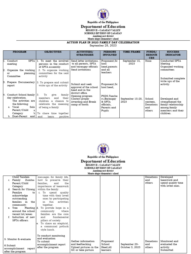 Action Plan in 2023 Family Day Celebration | PDF | Learning