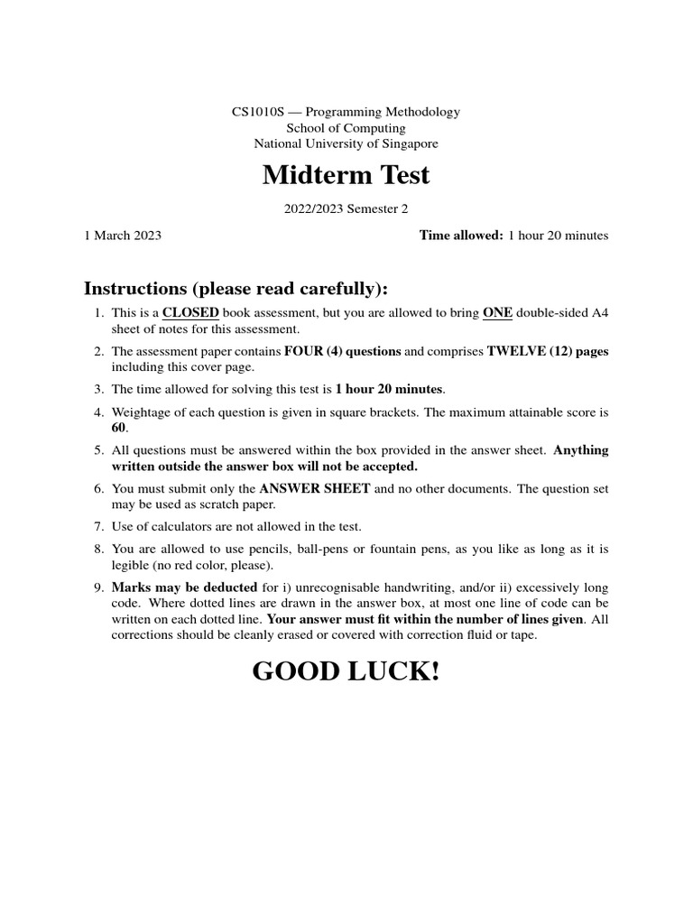 Cs1010s Midterm Solutions Mar23 Pdf 