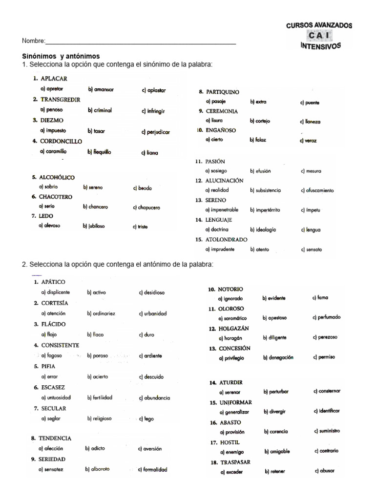 Cuestionario 3 Sinonimos Antonimos Ortografia Reducido | PDF