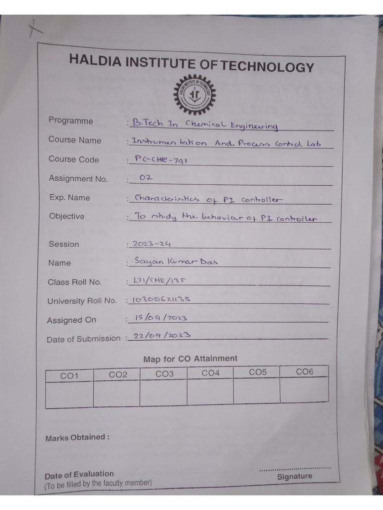 Characteristics of PI Controller - Process Control Lab | PDF