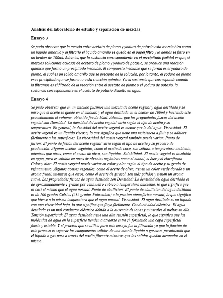 AnÃ¡lisis Del Laboratorio de Estudio y Separaciã N de Mezclas | PDF | Precipitación (Química) | Agua