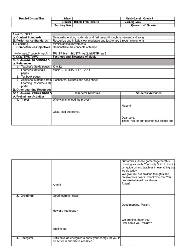 Music Lesson Plan | PDF | Tempo | Learning