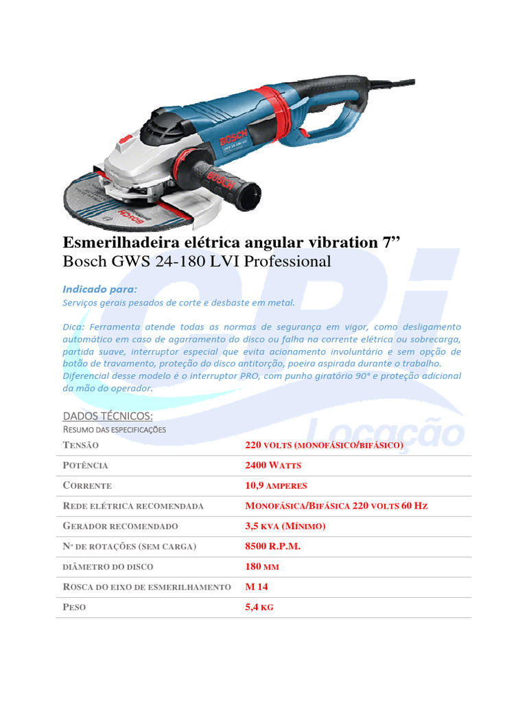 Ficha Tecnica Esmerilhadeira Angular Vibration 7 Elétrica 220V GWS24 ...