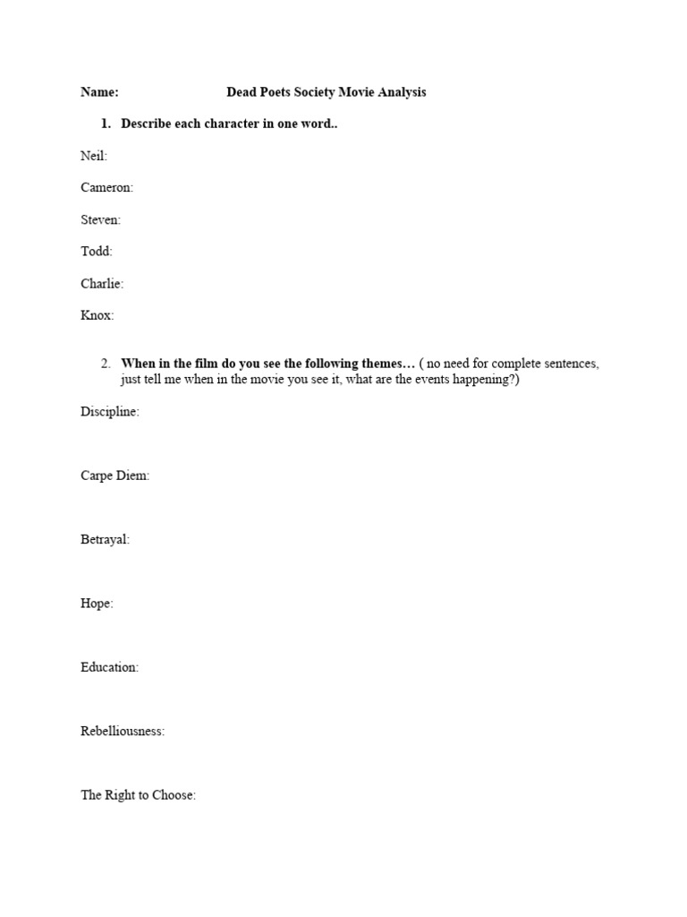 Dead Poets Society Analysis Guide | PDF