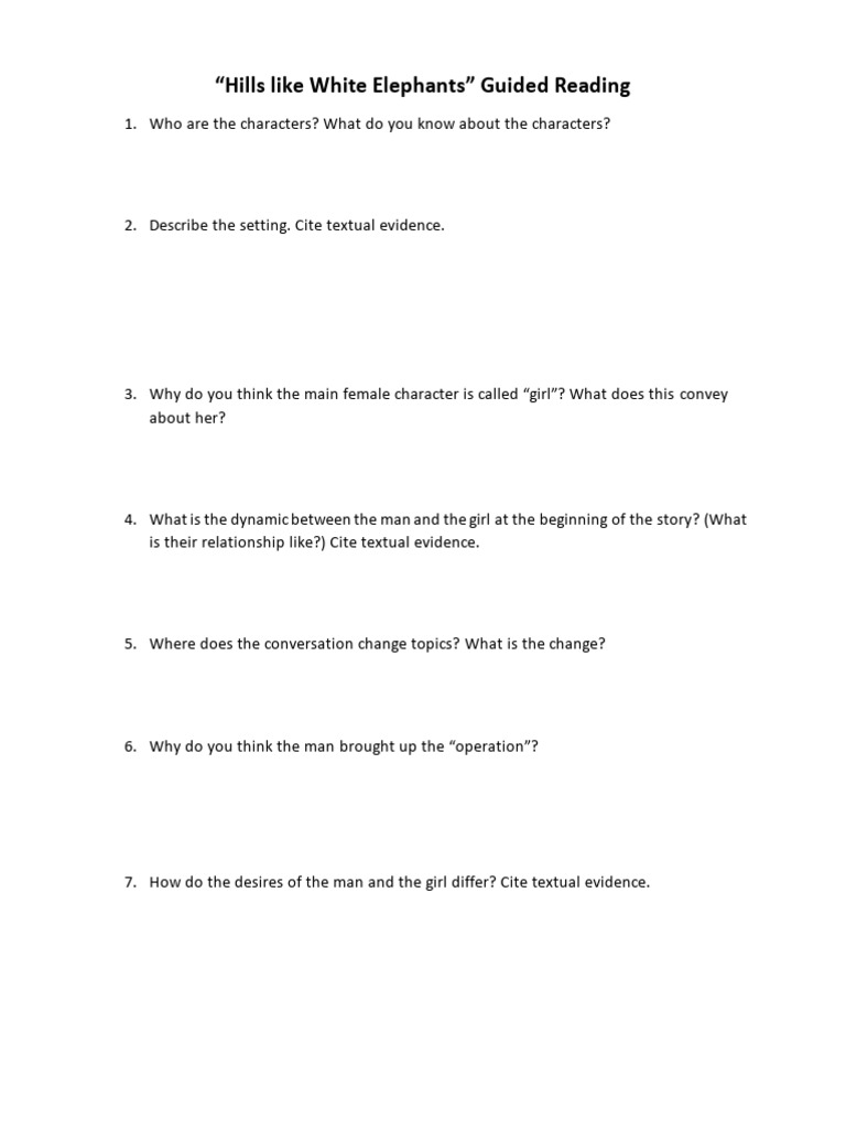 "Hills Like White Elephants" Guided Reading | PDF