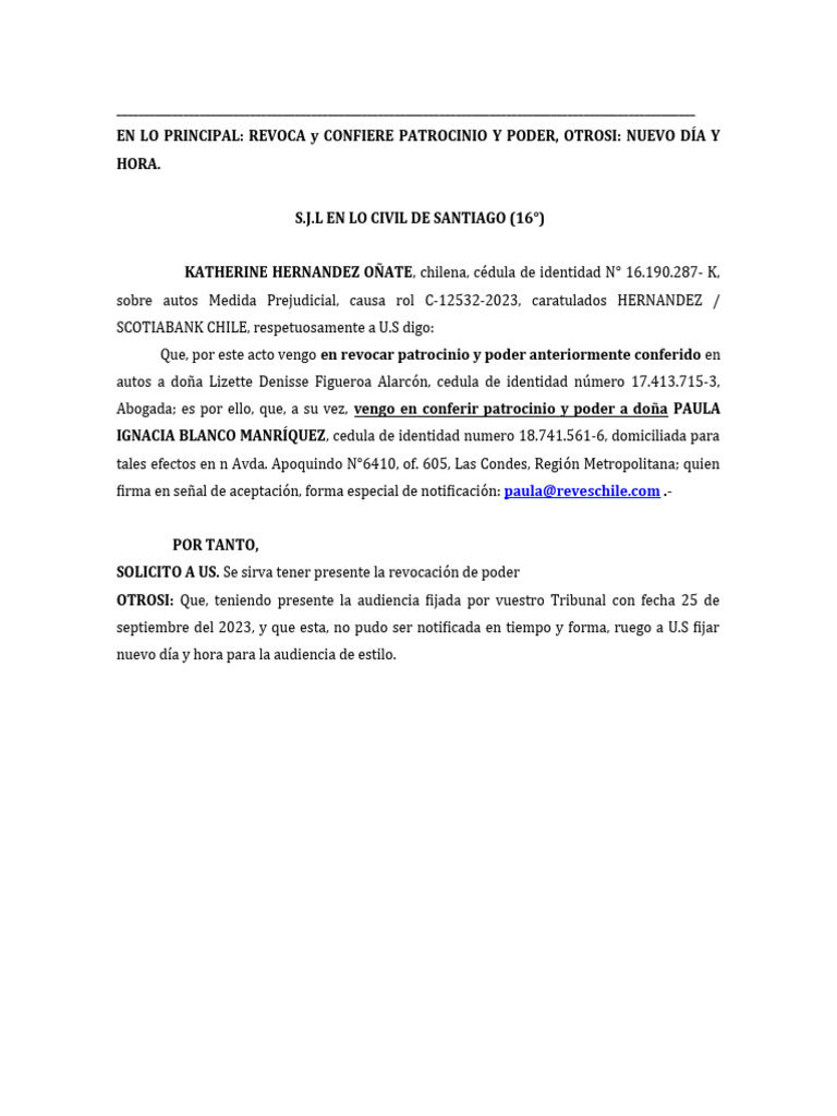REVOCA y Confiere PATROCINIO Y PODER, Nuevo Dia y Hora C-12532-2023 | PDF | Derecho