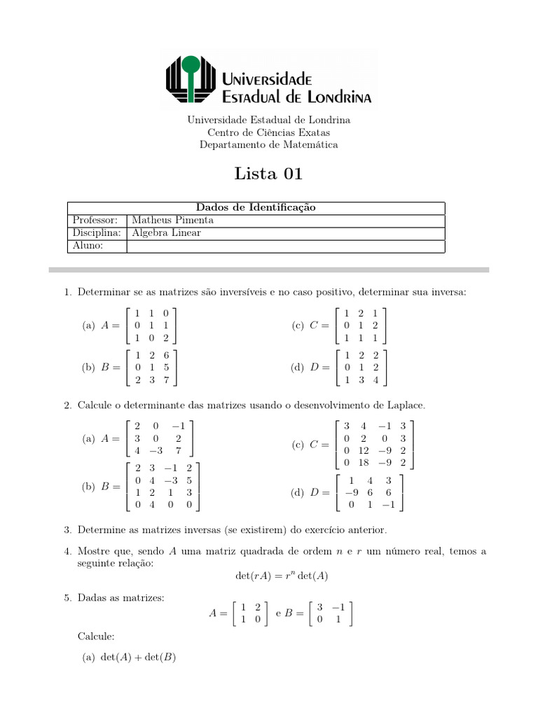 01 | PDF | Matriz (Matemática) | Teoria da Matrix