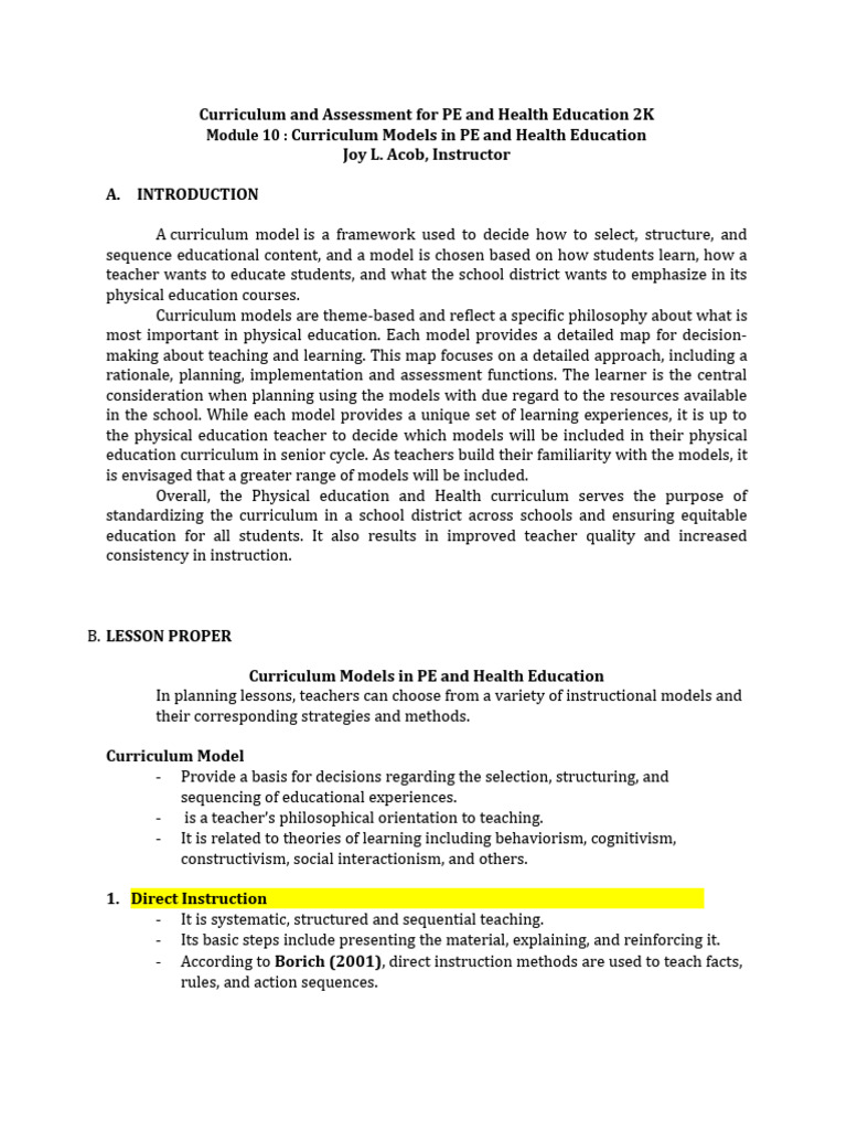 Module 10 Curriculum Models in PE and Health Education | PDF ...