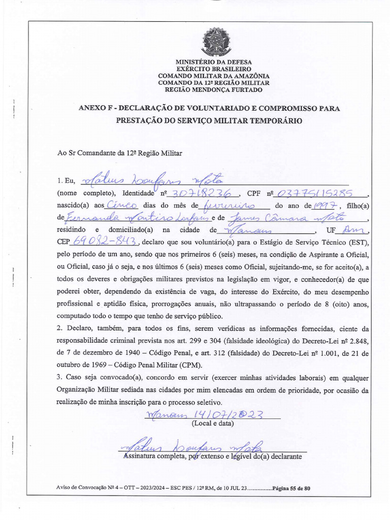 Anexo F Declaração de Voluntariado e Compromisso para Prestação Do ...