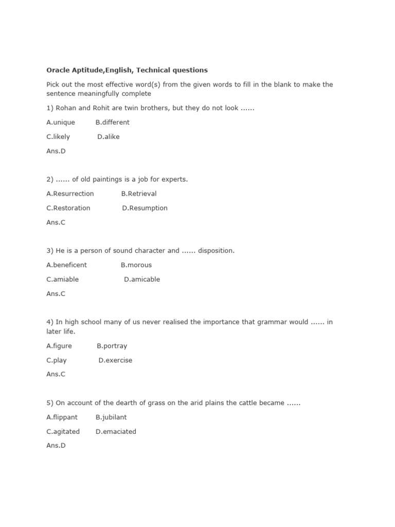 Oracle Aptitude, English, Technical Questions | PDF