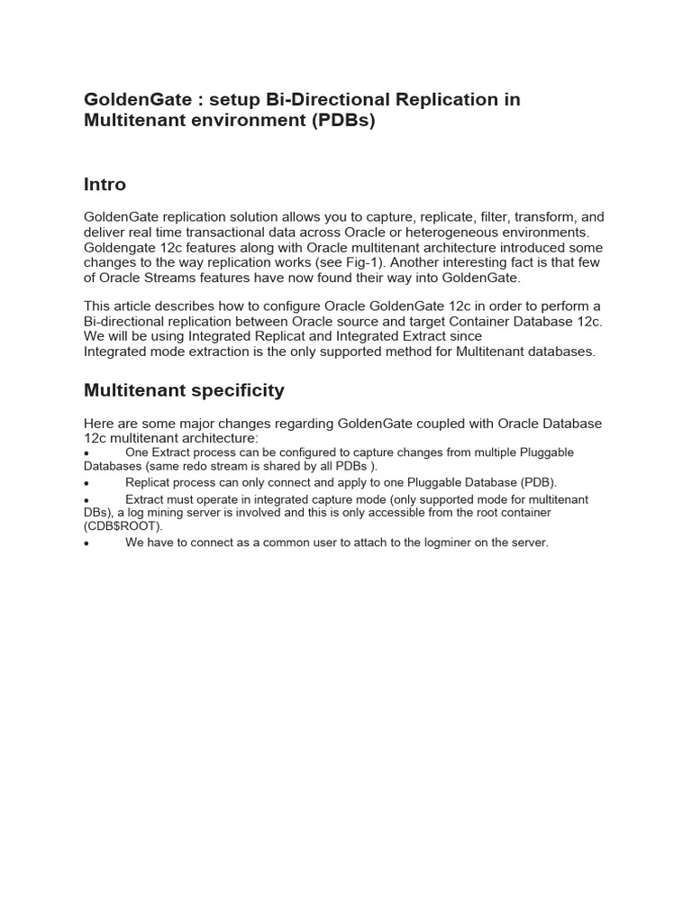 GoldenGate - Setup Bi-Directional Replication in Multitenant Environment | PDF | Replication ...