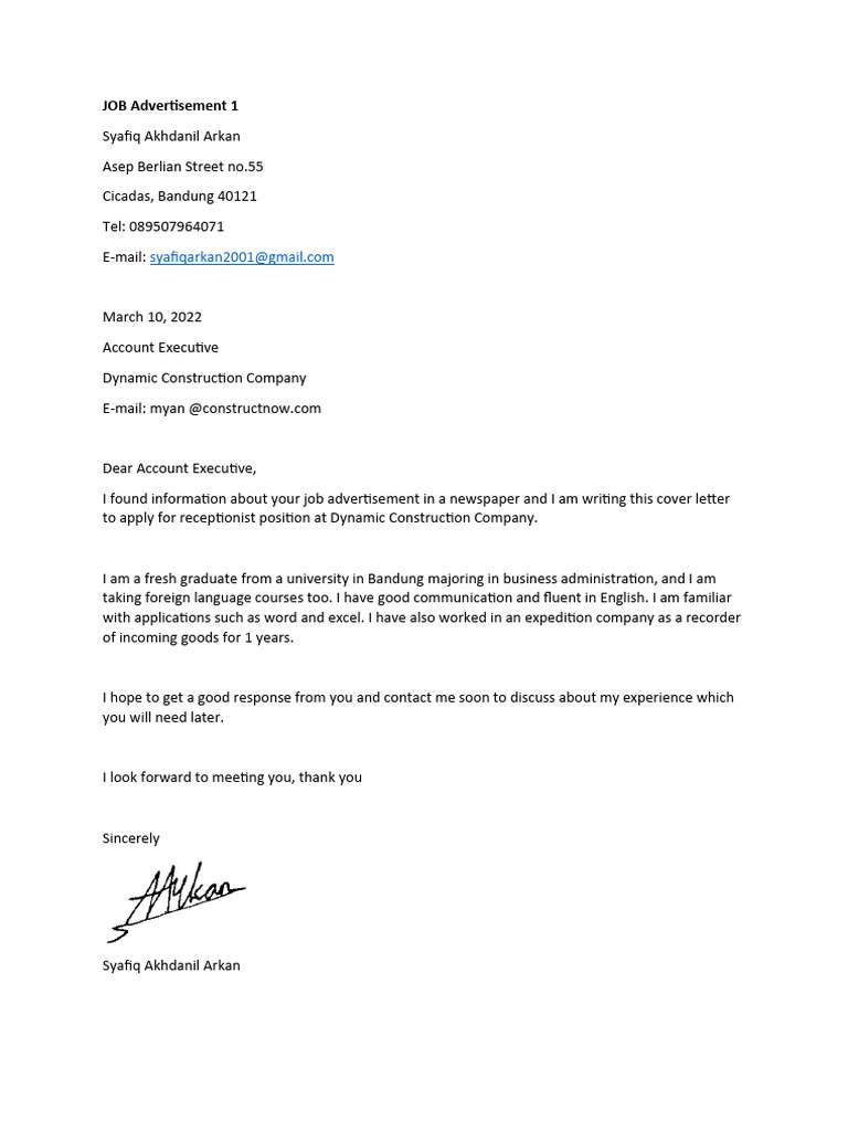 COVER LETTER - 20430059 - Syafiq Akhdanil Arkan | PDF
