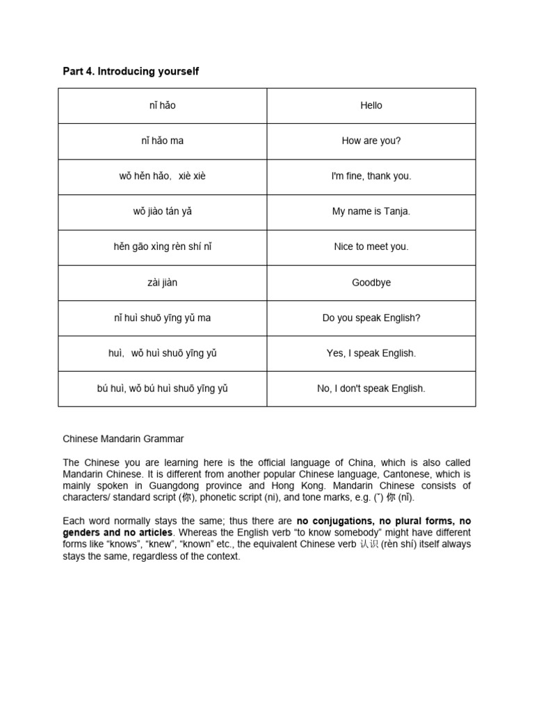 Mandarin - Introducing yourself. | PDF