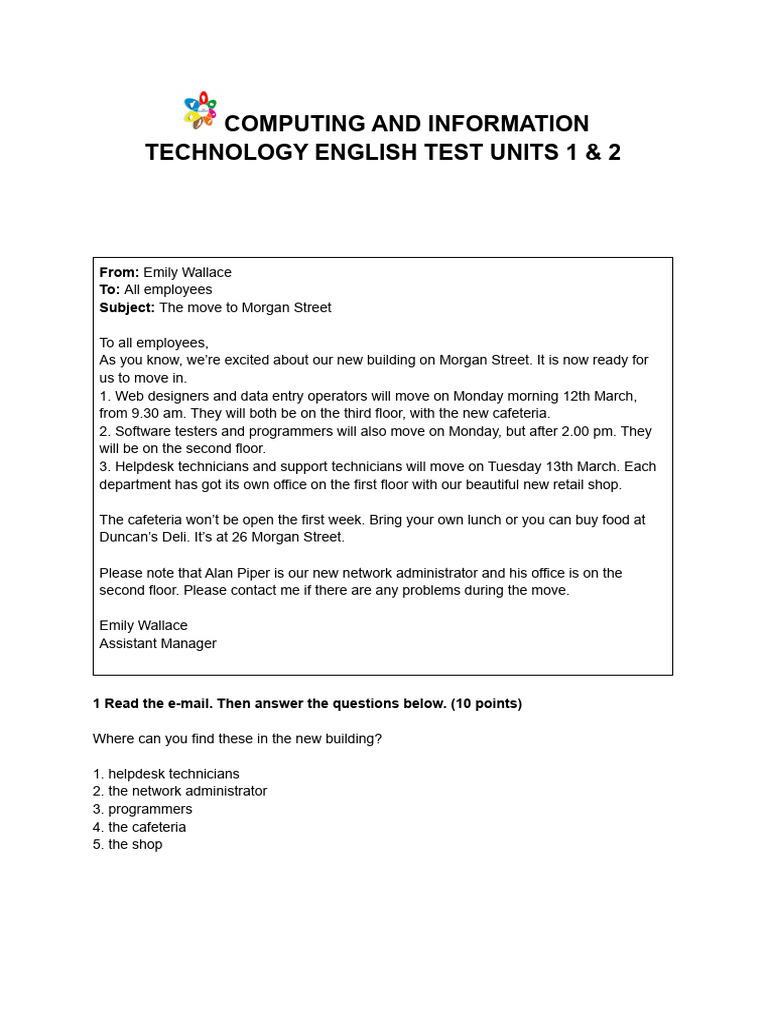 Computing and Information Technology English Test Units 1 & 2 | PDF ...