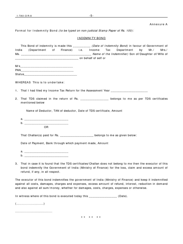 Indemnity Bond Format for TDS Refund | PDF