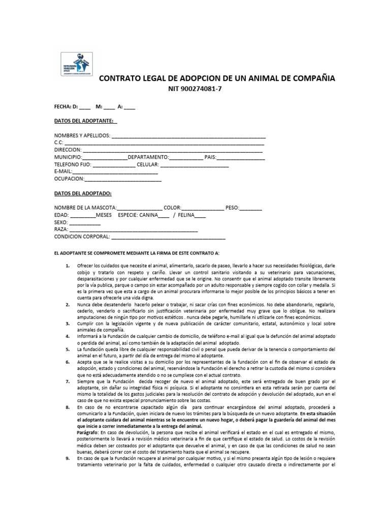 contrato adopción.editado.-1 | PDF | Adopción | Mascota