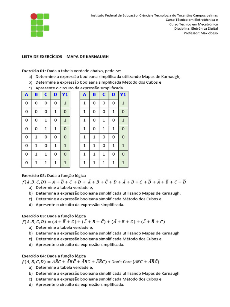 Lista de Exercicios - MAPA DE KARNAUGH | PDF | Eletrônicos digitais | Lógica matemática