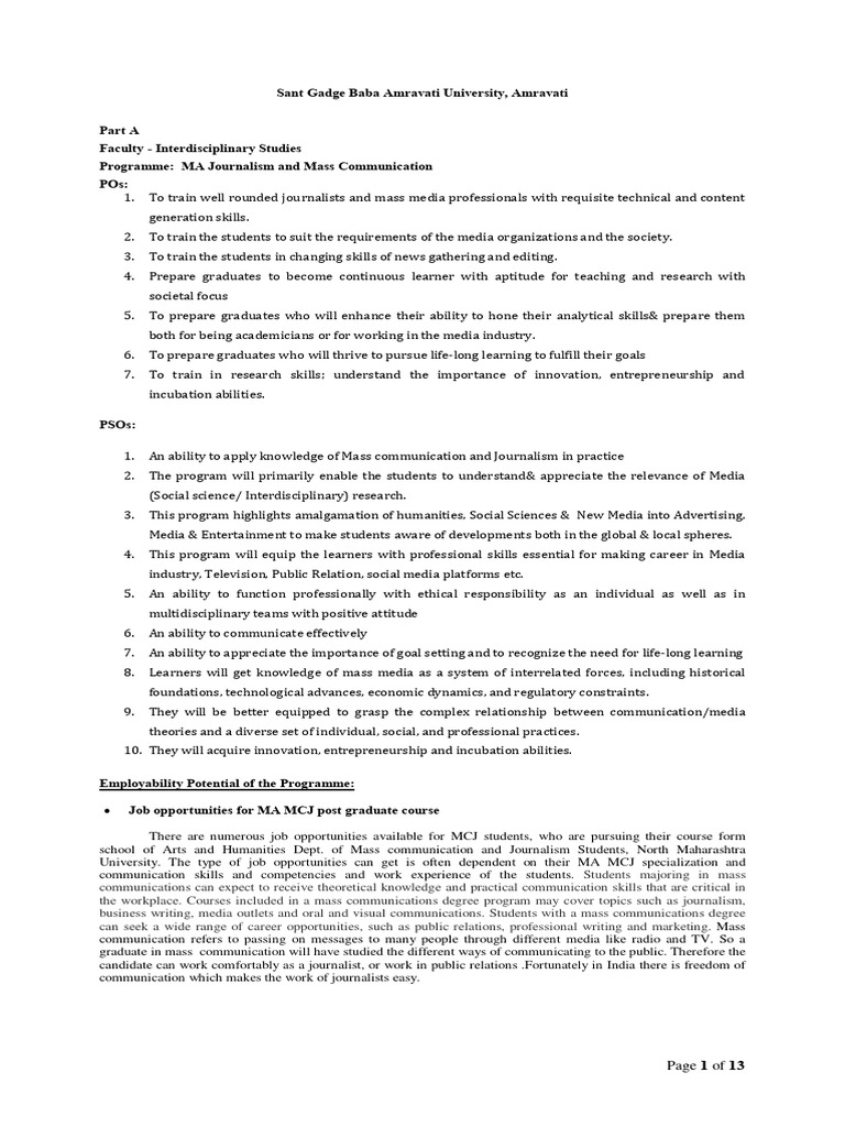 M.A. Jounalism and Mass Communication (Syllabus) (Semester-I & II) | PDF