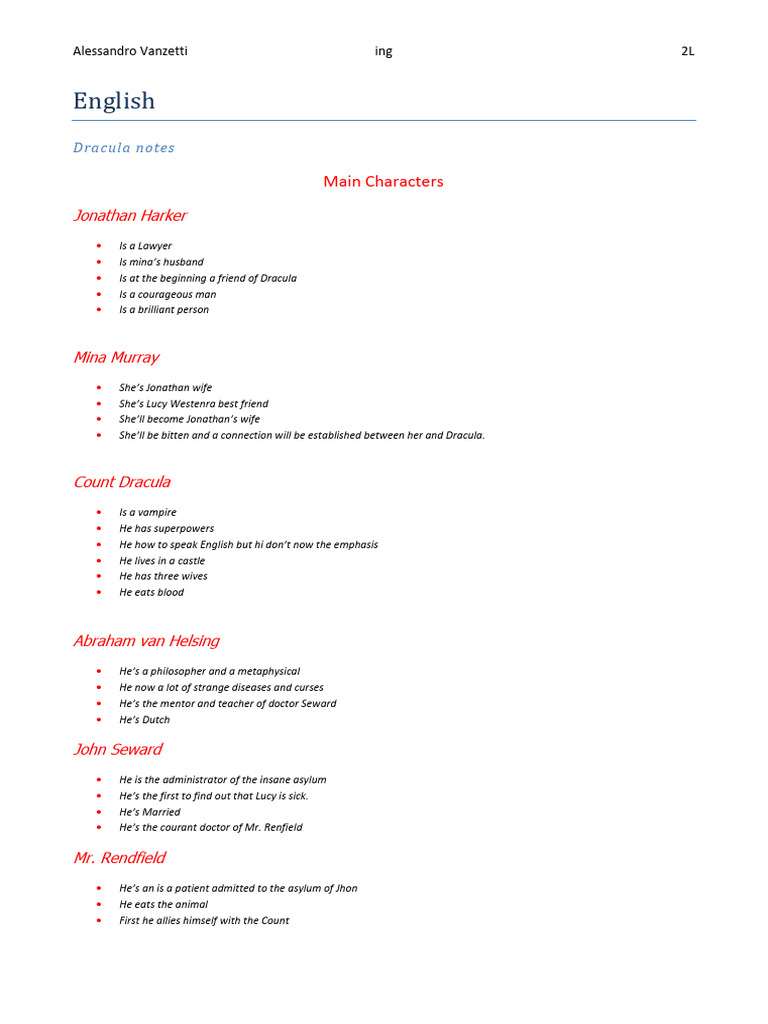 Summary Dracula | PDF | Mina Harker | Abraham Van Helsing