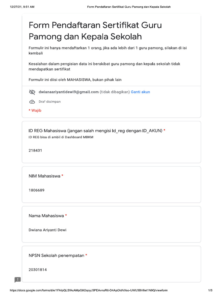 Form Pendaftaran Sertifikat Guru Pamong Dan Kepala Sekolah | PDF