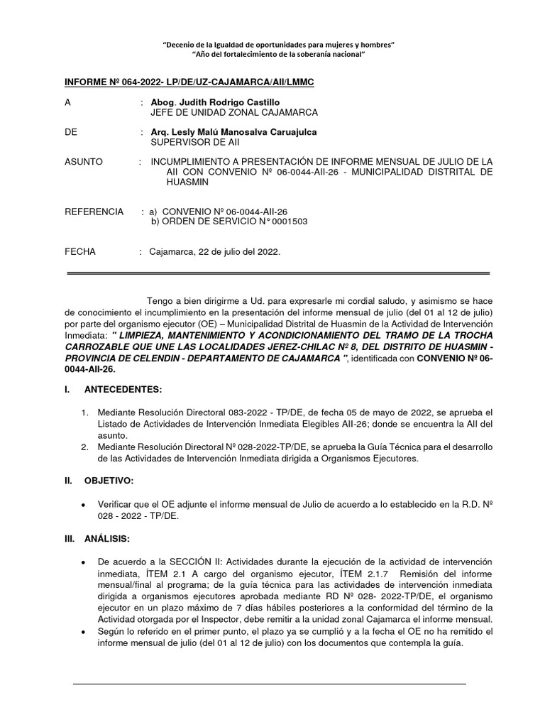 Informe #064-Incumplimiento en Presentación de Informe Mensual de Julio-06-0044-Aii-26-Huasmin | PDF