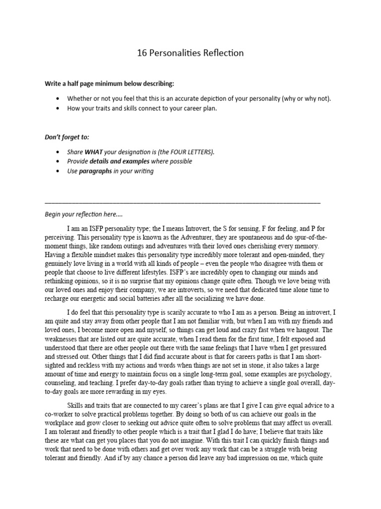 16 Personality Reflection | PDF | Personality Type | Social Psychology