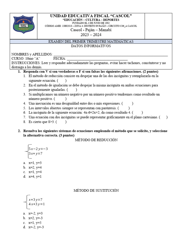 Examen 10mo matematicas | PDF