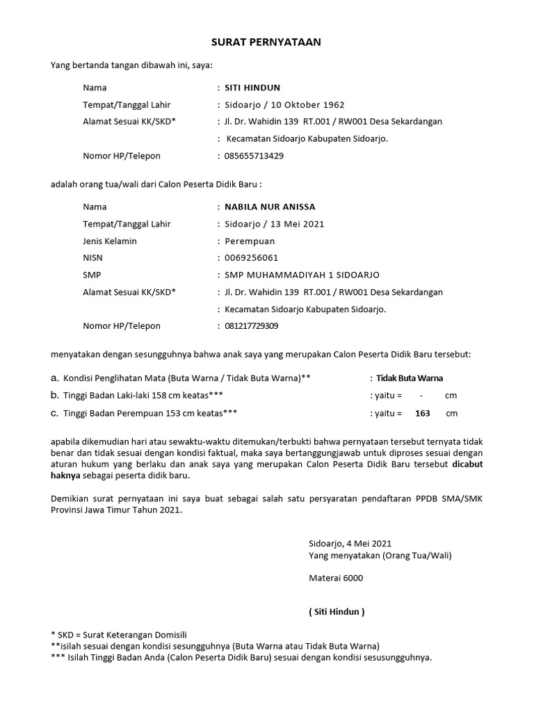 SURAT PERNYATAAN KESEHATAN PPDB 2021-Dikonversi | PDF