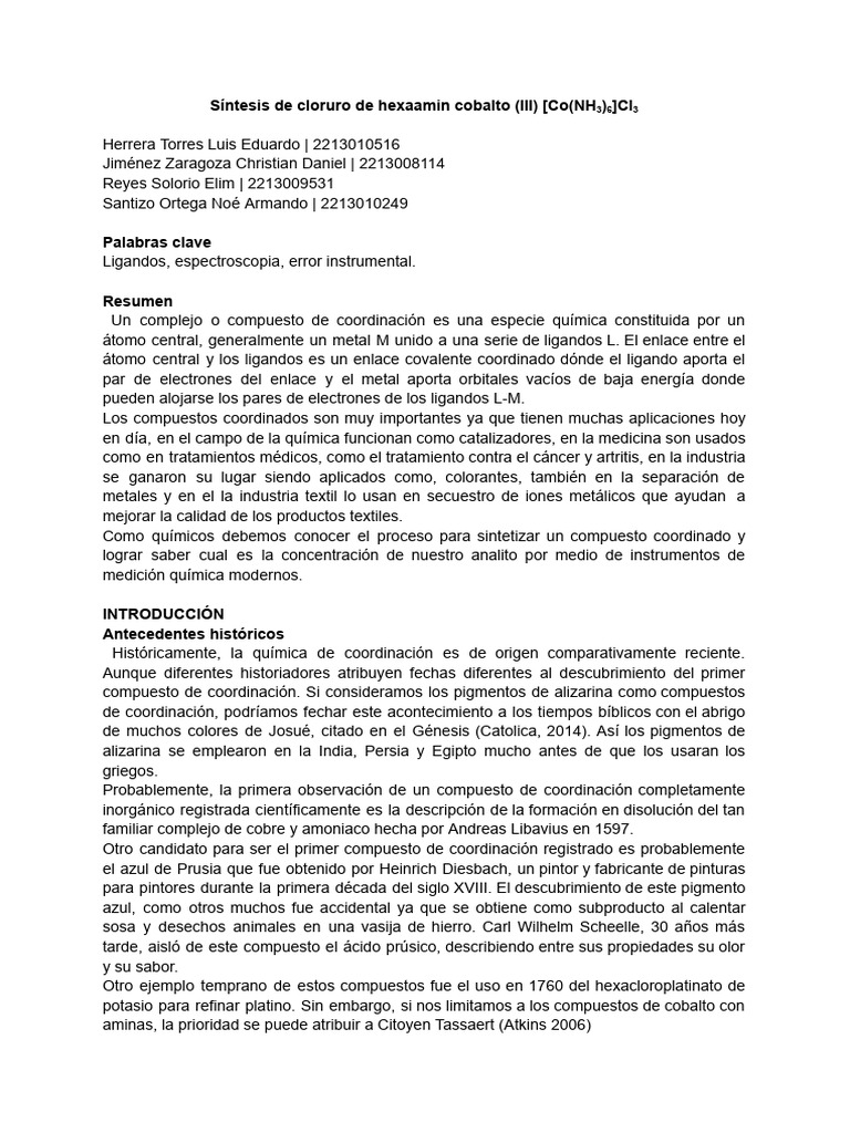 Síntesis de Cloruro de Hexaamin Cobalto (III) (Co (NH3) 6) Cl3 | PDF