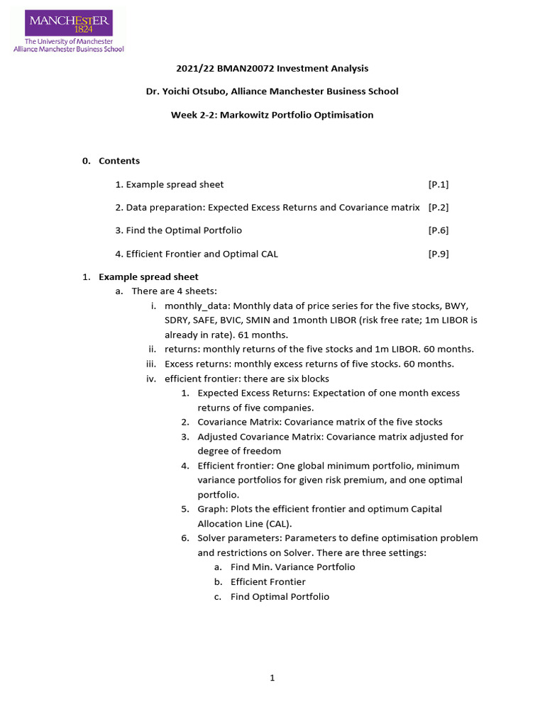 Markowitz Portfolio Optimization in Excel | PDF | Modern Portfolio Theory | Mathematical ...