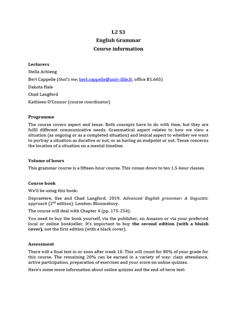 23-24 L2 S3 Course Programme Grammar | PDF | Grammatical Tense | Linguistics