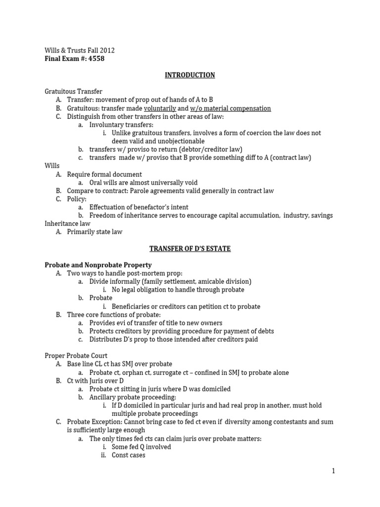 TE Outline (Fall 2012) | PDF | Intestacy | Probate