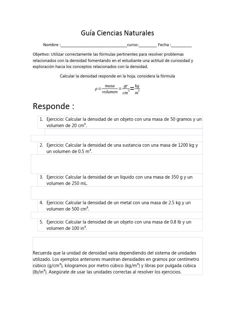 Guía Ciencias Naturales Densidad (Recuperado Automáticamente) | PDF | Densidad | Volumen