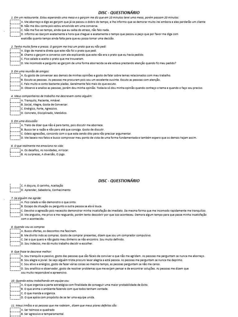 Disc - Questionário | Download grátis PDF | Tempo