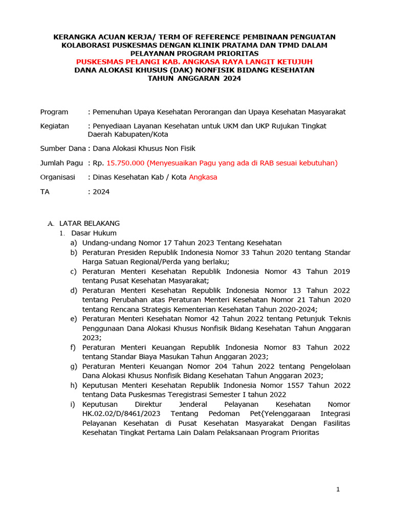 Tor Dak NF Puskesmas Penguatan Kolaborasi Puskesmas Dengan Klinik ...