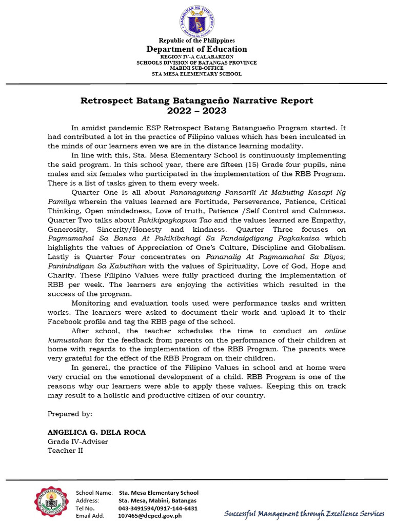 Grade IV RBB Narrative Pictorial Report | PDF | Learning | Cognition