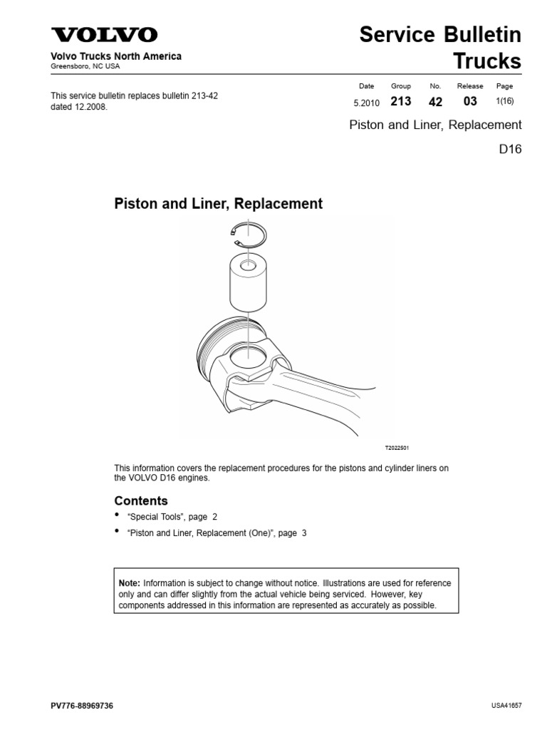 Volvo - D16 Piston and Liner, Replacement | PDF