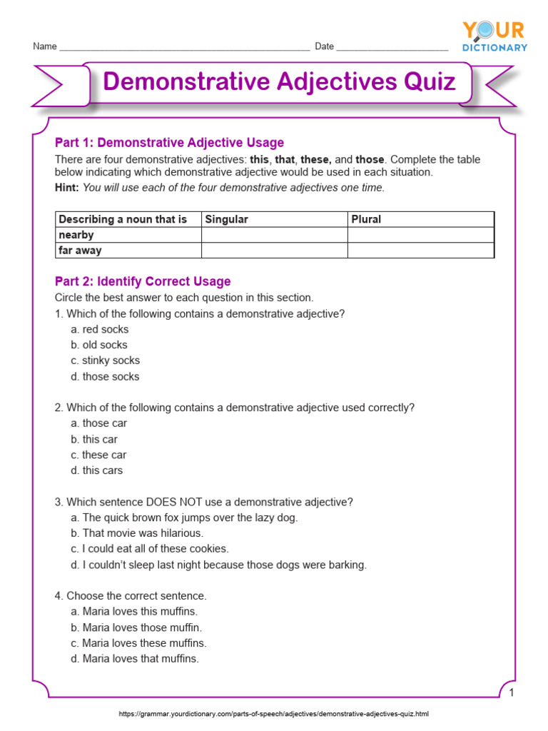 Demonstrative Adjectives Quiz and Exercises | PDF | Adjective ...