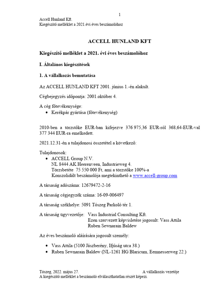 Kieg Melleklet ACCELL Hunland KFT 2021 | PDF