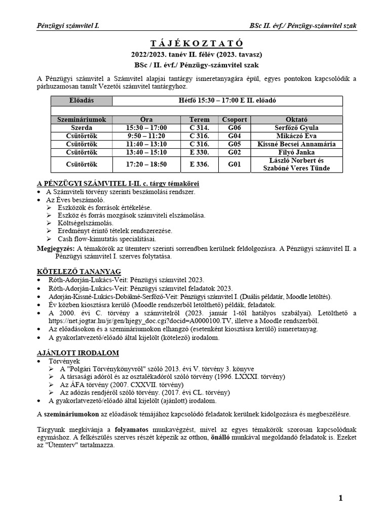 PSZ - I - Tájékoztató - 2023 Tavasz | PDF