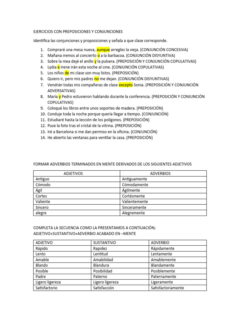 Ejercicios Con Preposiciones y Conjunciones | PDF | Lingüística ...