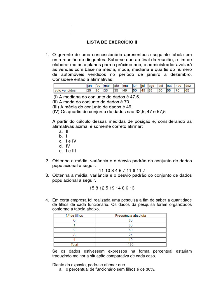 Lista de Exerc Cio Medidas de Dispers o 2023.2 | PDF | Desvio padrão | Média