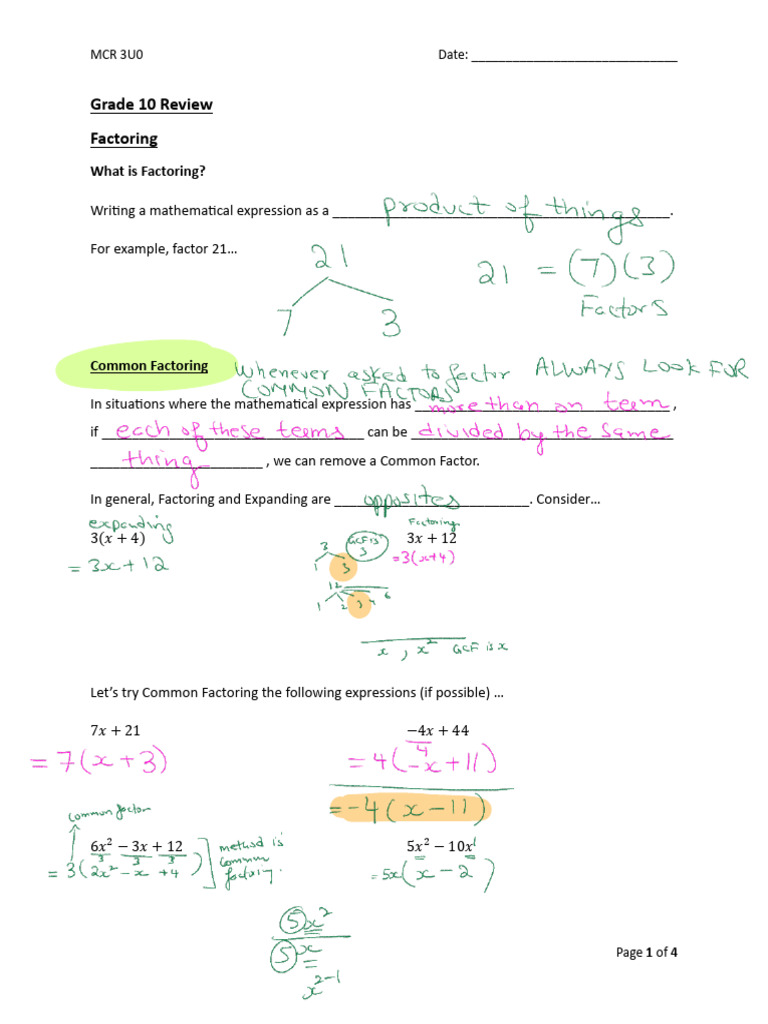 MCR Day 1 Review - Factoring | PDF | Quadratic Equation | Mathematics