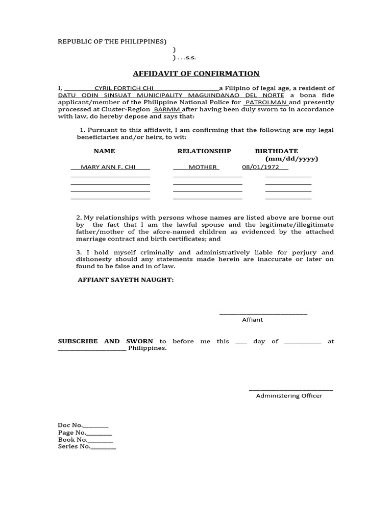 Affidavit of Confirmation Template | PDF