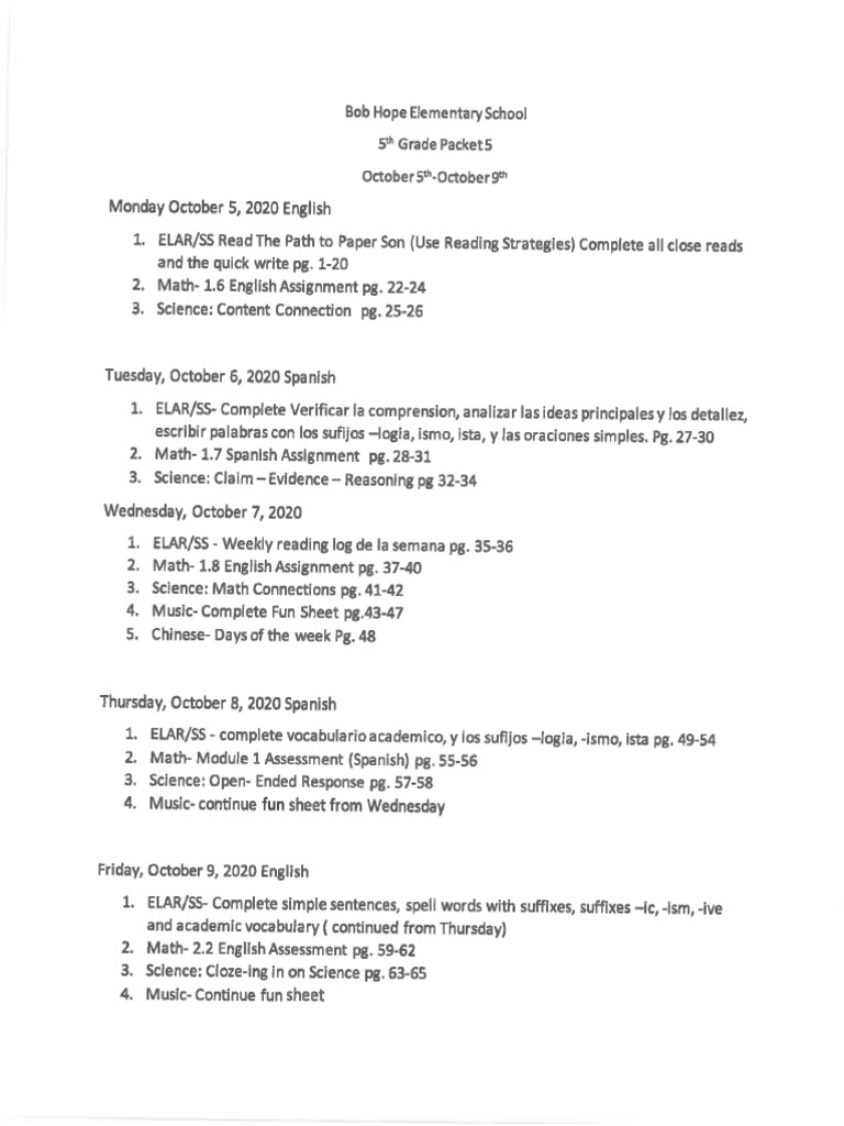 5th Grade Week 5 | PDF